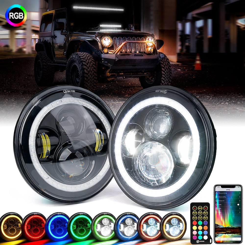 Xprite 7" LED RGB Halo Headlights Jeep Wrangler (1997-2018) w/ Daytime
