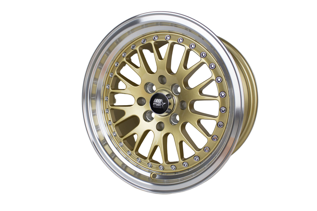 MST MT10 Wheels (15x8 4x100/4x114.3 +25 Offset) Gold w/ Machined Lip