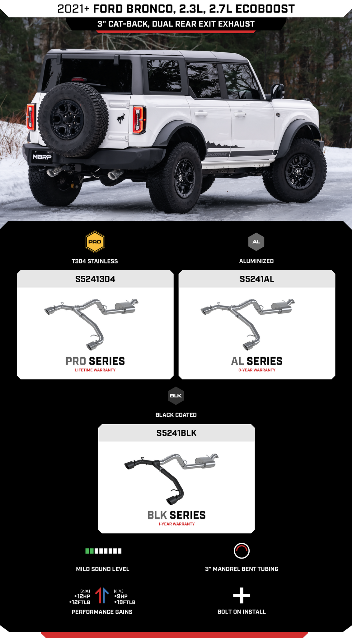 MBRP Exhaust Ford Bronco 2.3L/ 2.7L EcoBoost (21-22) [3" Catback] Dual ...